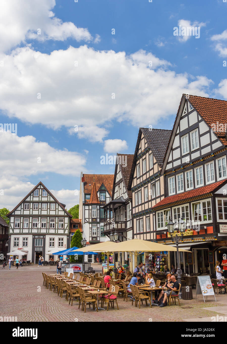 People at a cafe on the central market square of Rinteln, Germany Stock ...
