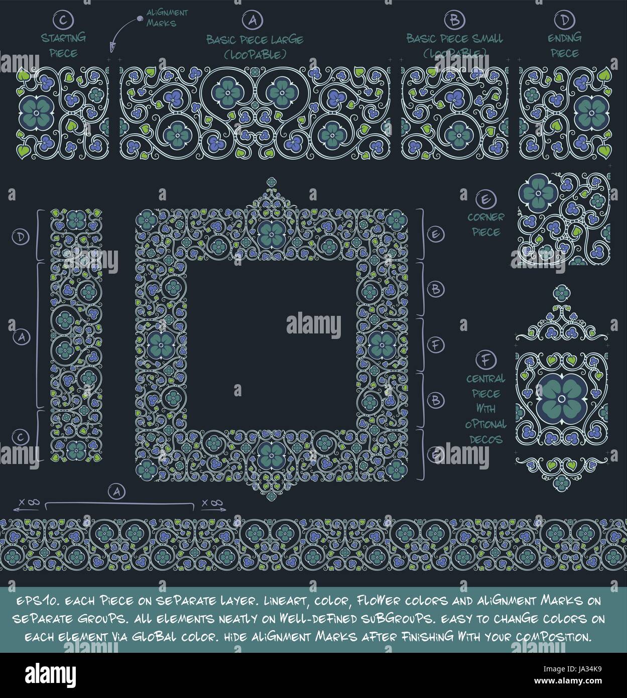 Flower Decorative building blocks to create Ornament compositions. EPS ...