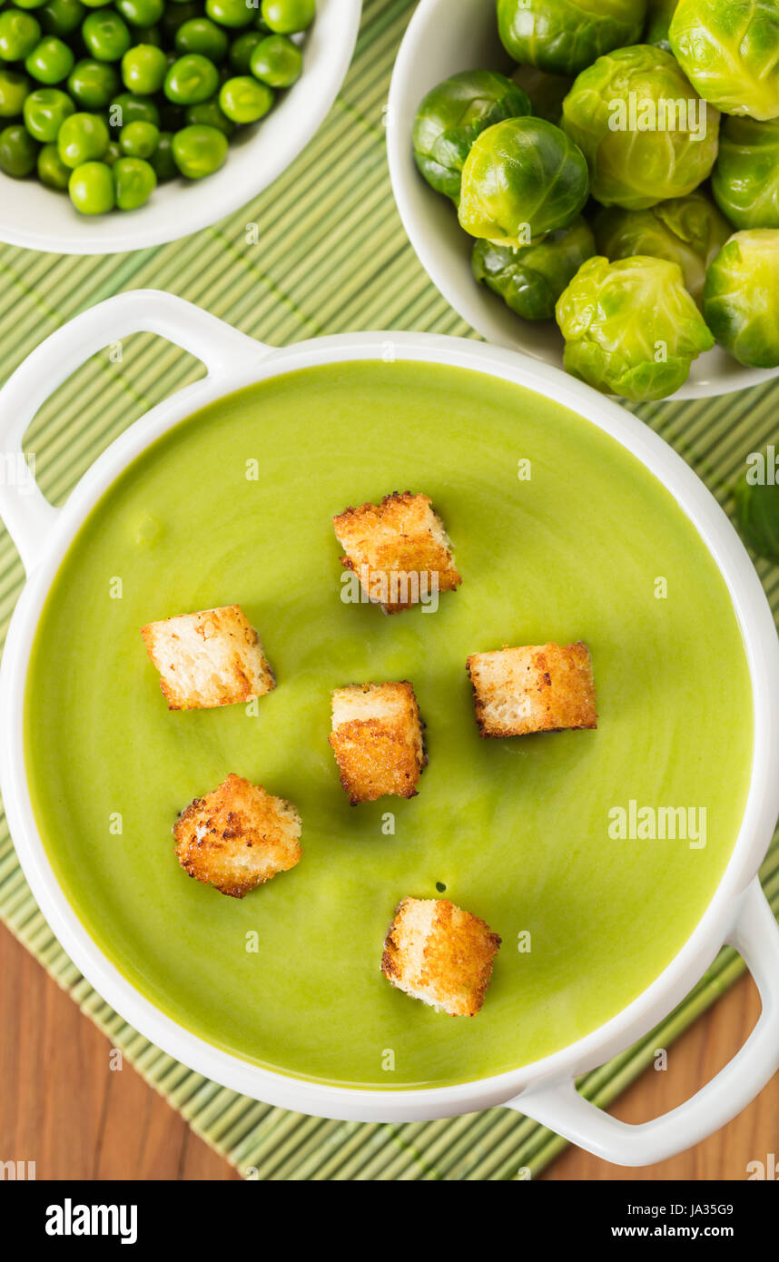 vegetable cream soup puree with croutons top view Stock Photo - Alamy