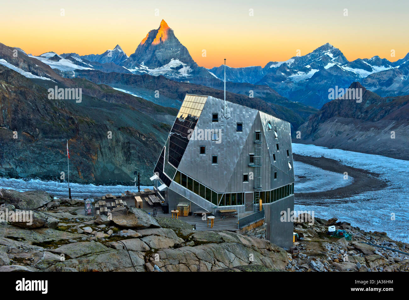 Dawn at the Monte Rosa Hut, Monte Rosa Hütte, above the glacier ...