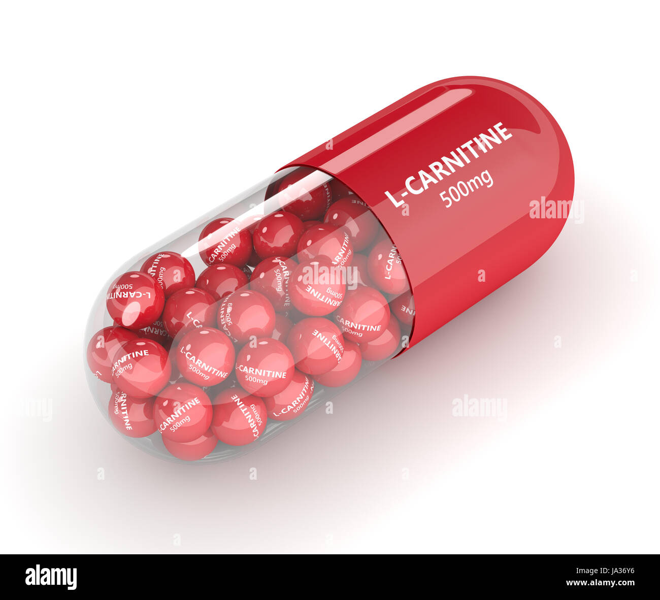 3D render of l-carnitine pill with granules isolated over white ...