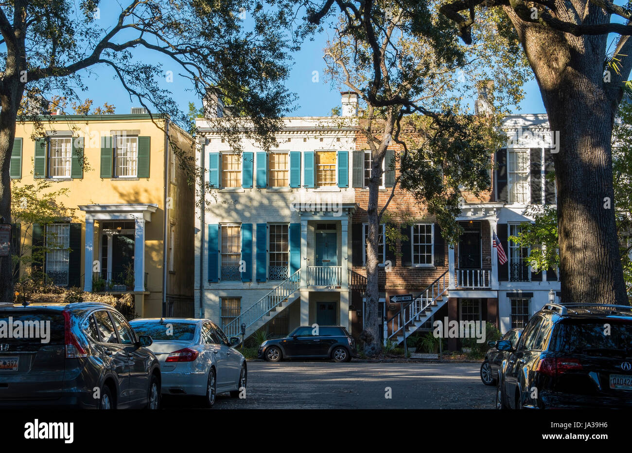 USA, Savannah Georgia old homes on Barnard Street and Taylor Street in ...