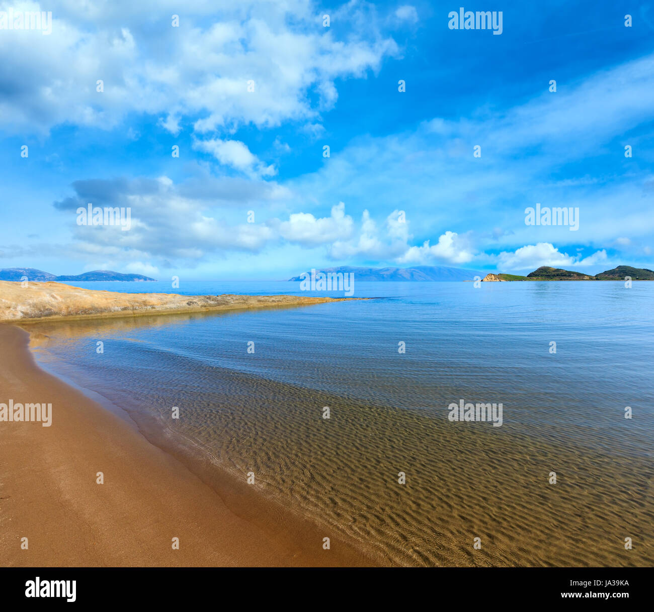 Sandy beach morning landscape (Narta Lagoon, Vlore, Albania). Deep blue ...
