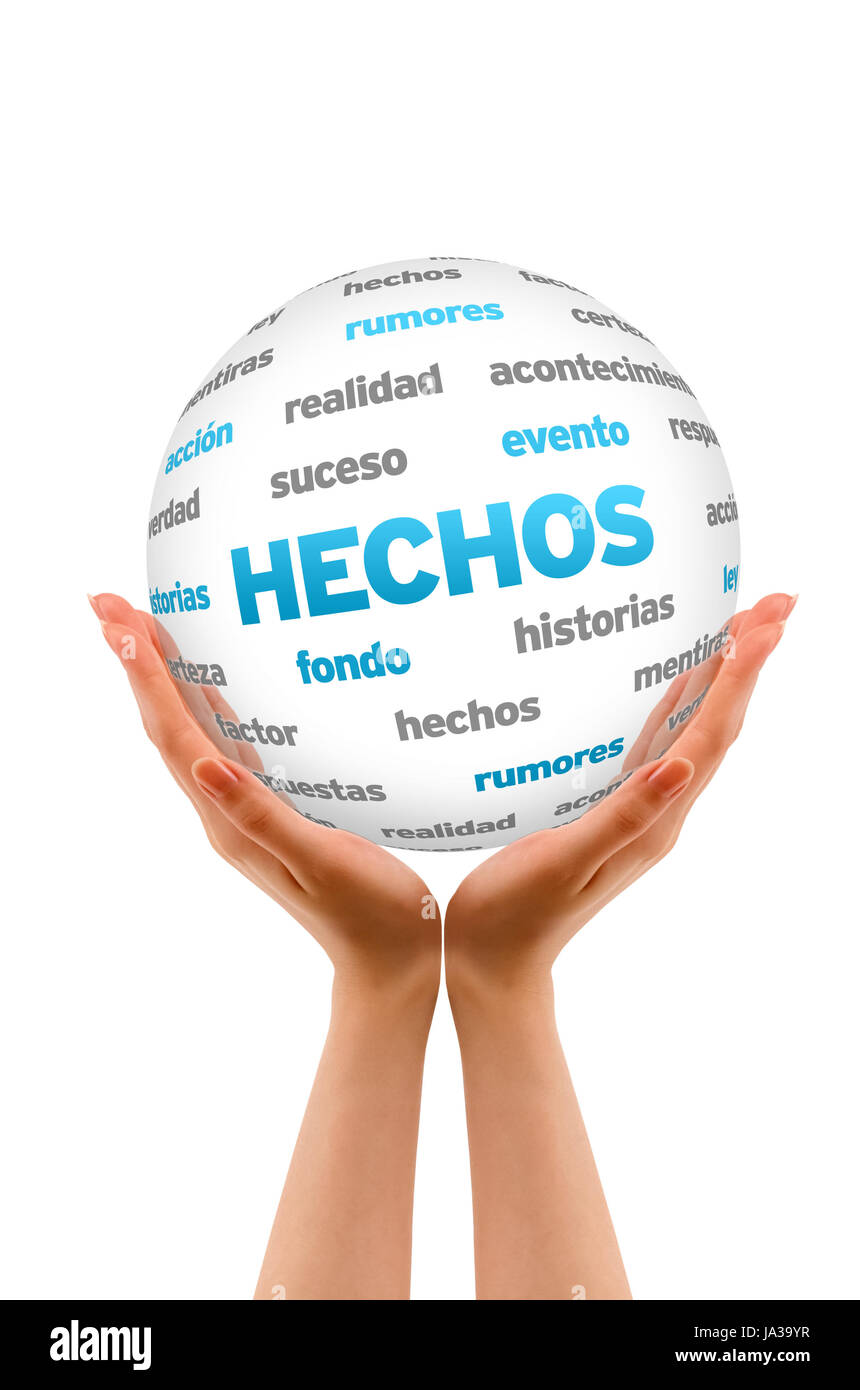 Hands holding a 3D Facts Word Sphere isolated on white background Stock ...