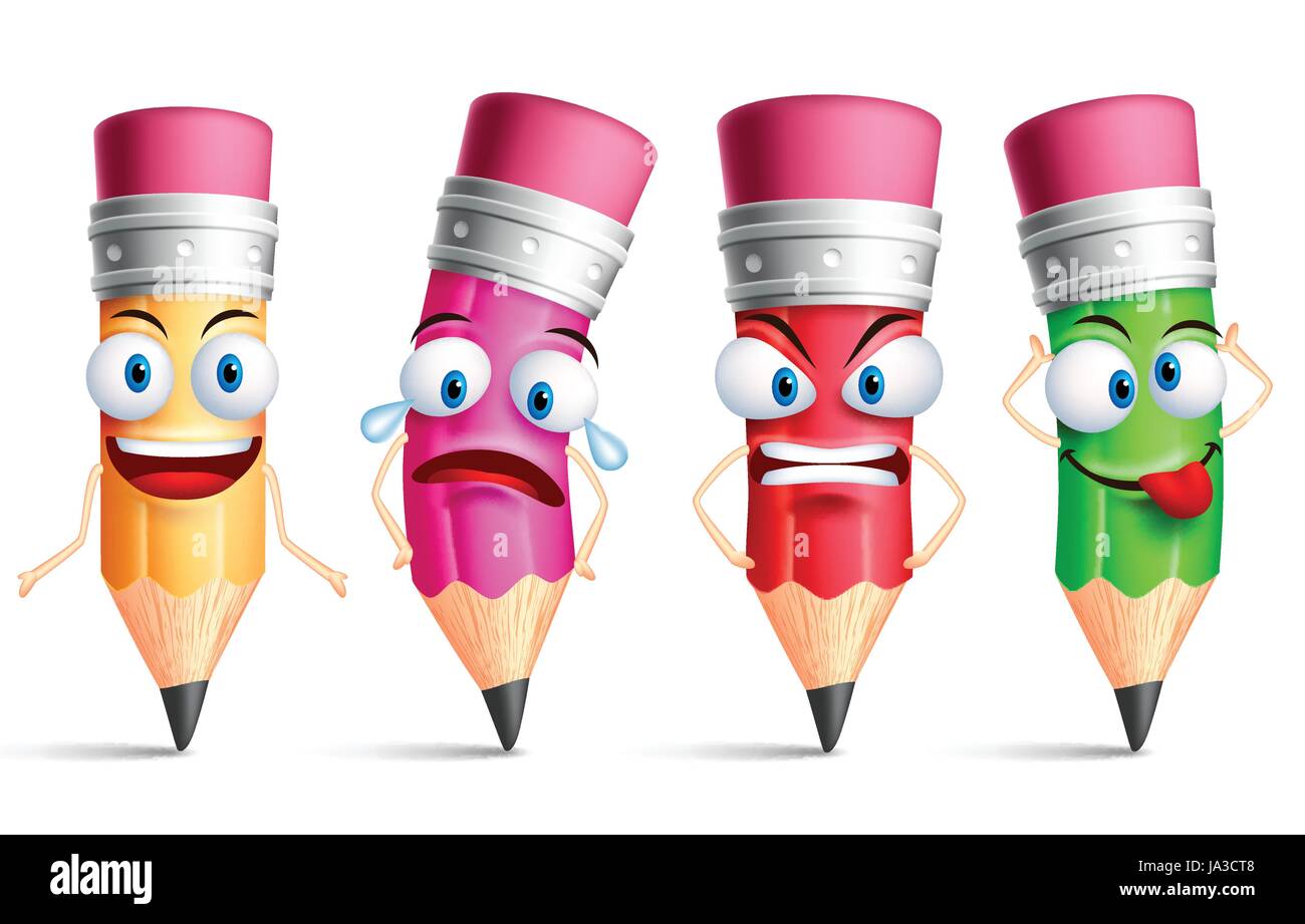 Vector pencil character or mascot colorful set with facial expressions ...