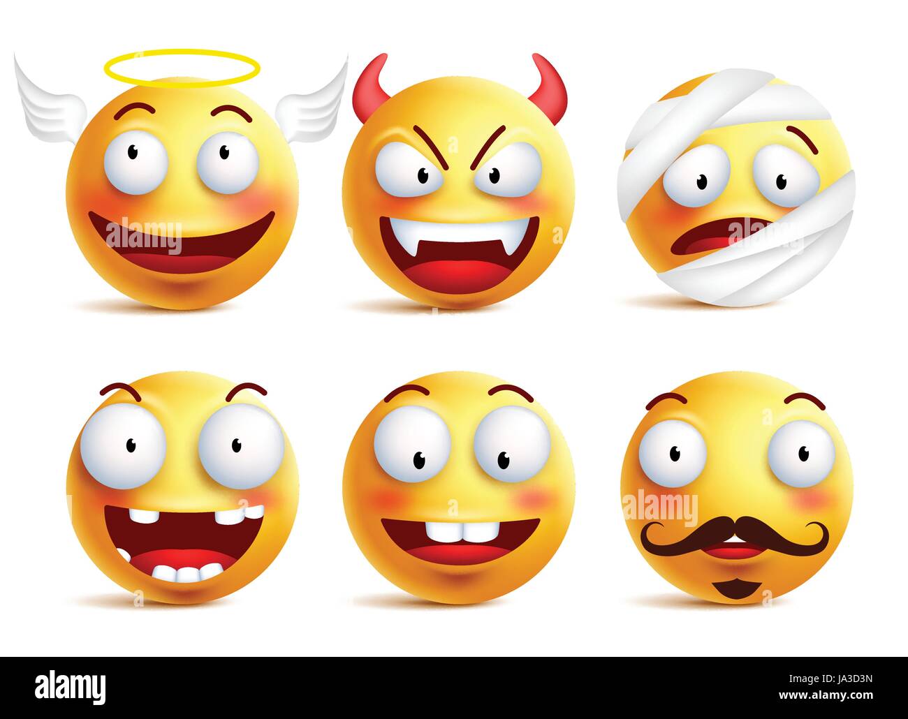 Set of vector smileys with funny faces like angel, demon, patient ...