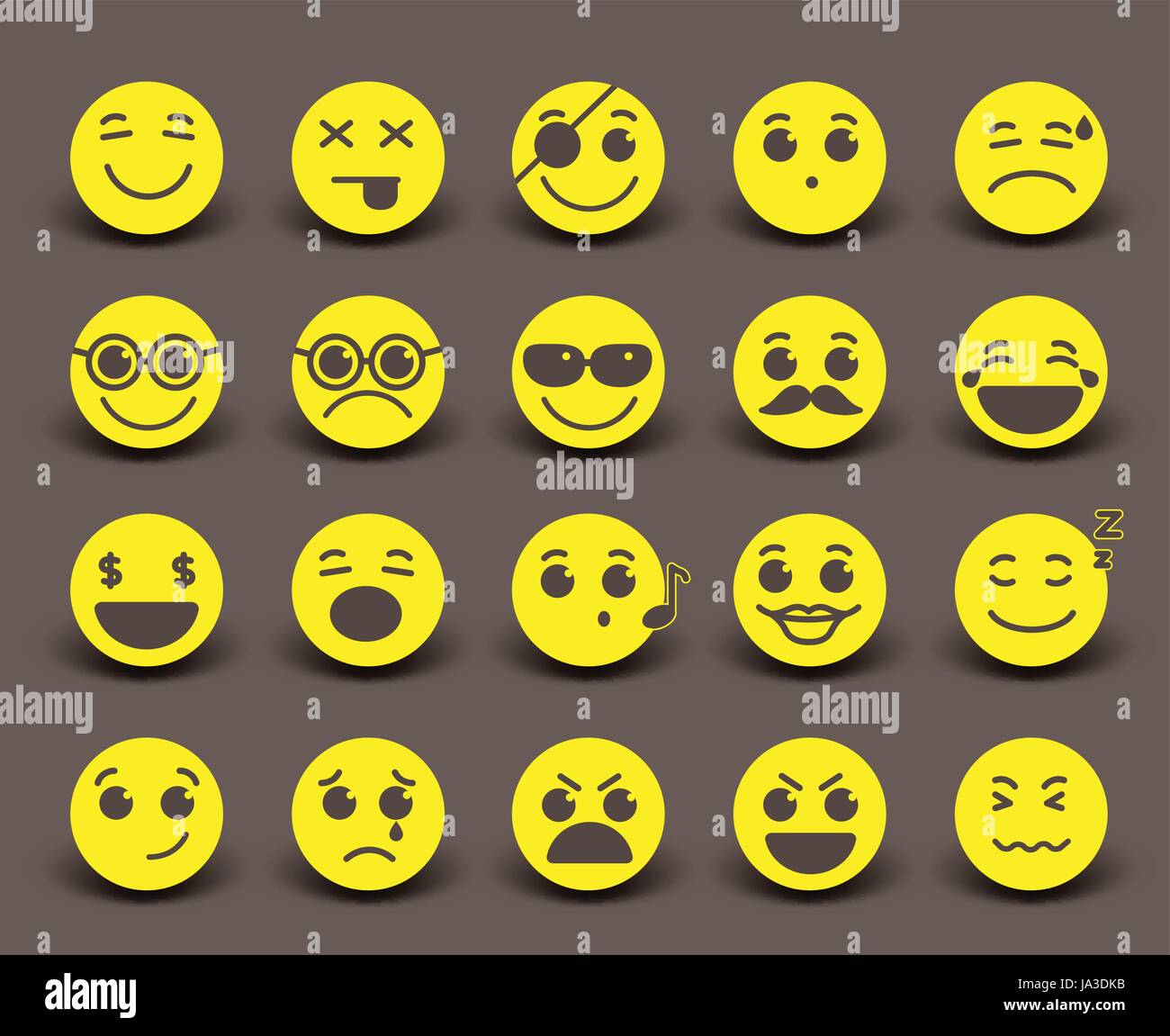 Yellow smileys faces icon and emoticons with facial expressions and ...