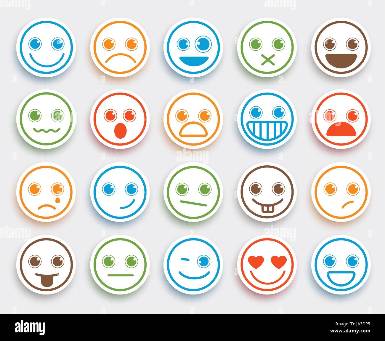 Smiley face vector emoticon set in white flat icon sticker with ...