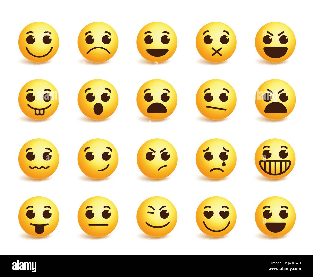 Smiley face vector icons set with funny facial expressions in yellow ...