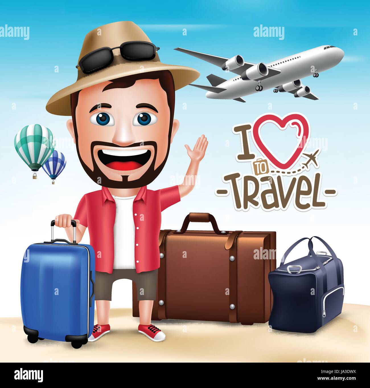 Tourist Man Vector Character Wearing Summer Outfit with Set of Bags and ...