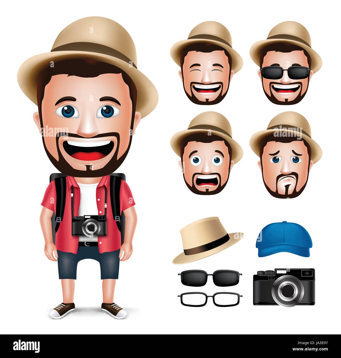 Tourist Man Character Wearing Casual Dress with Camera and Vector Set ...