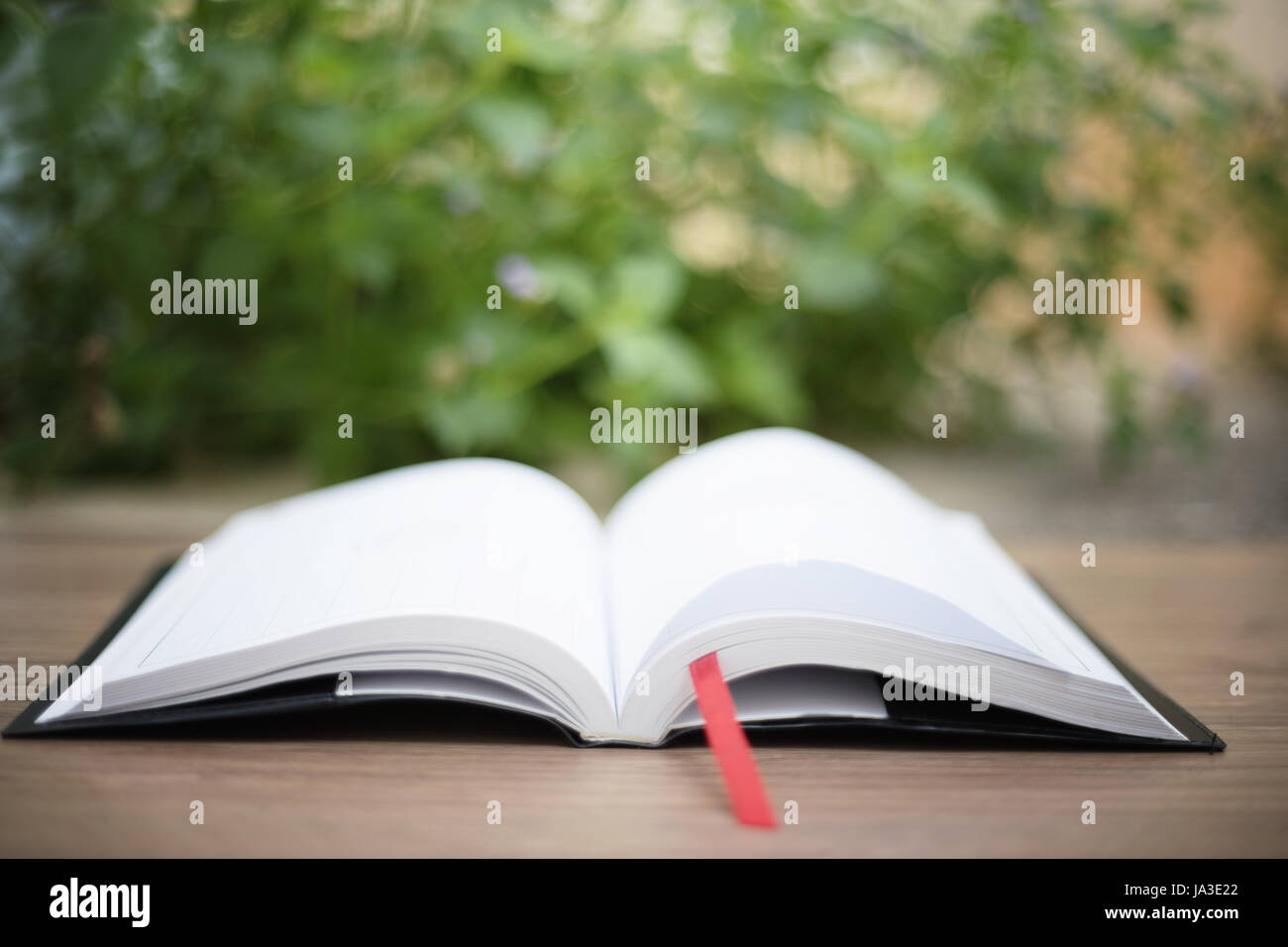 An open book on wooden table at home garden with nature bokeh ...