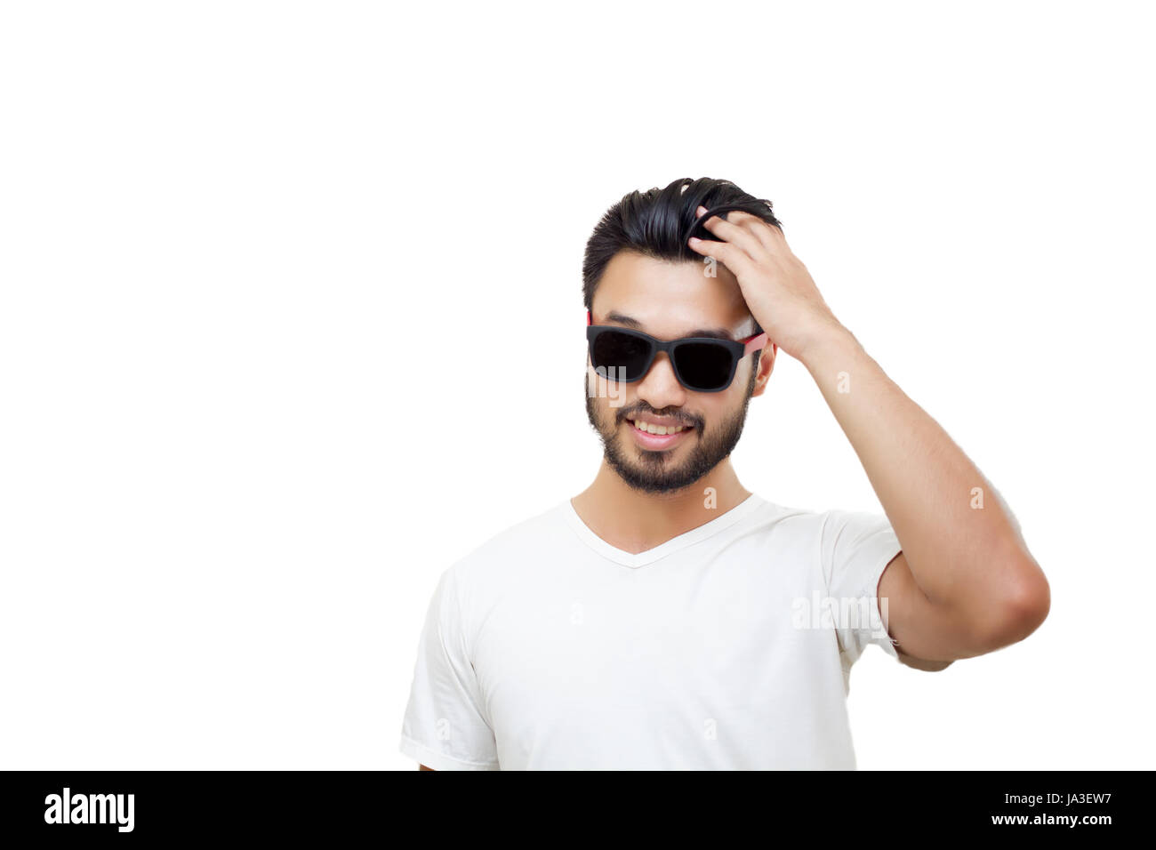 Asian handsome man with a mustache, smiling and laughing on white ...