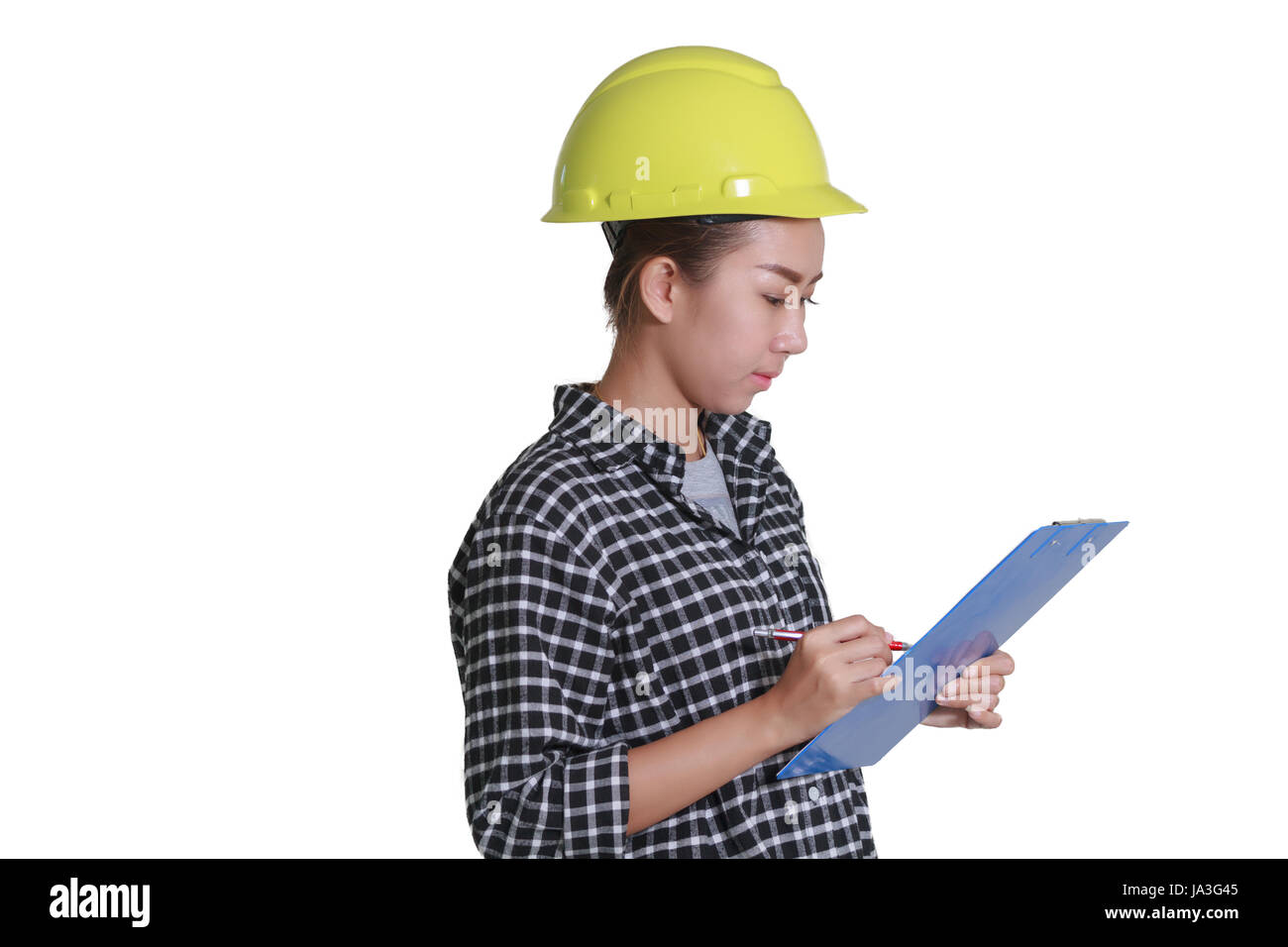 Asian women engineers and technicians are checking the list on the ...