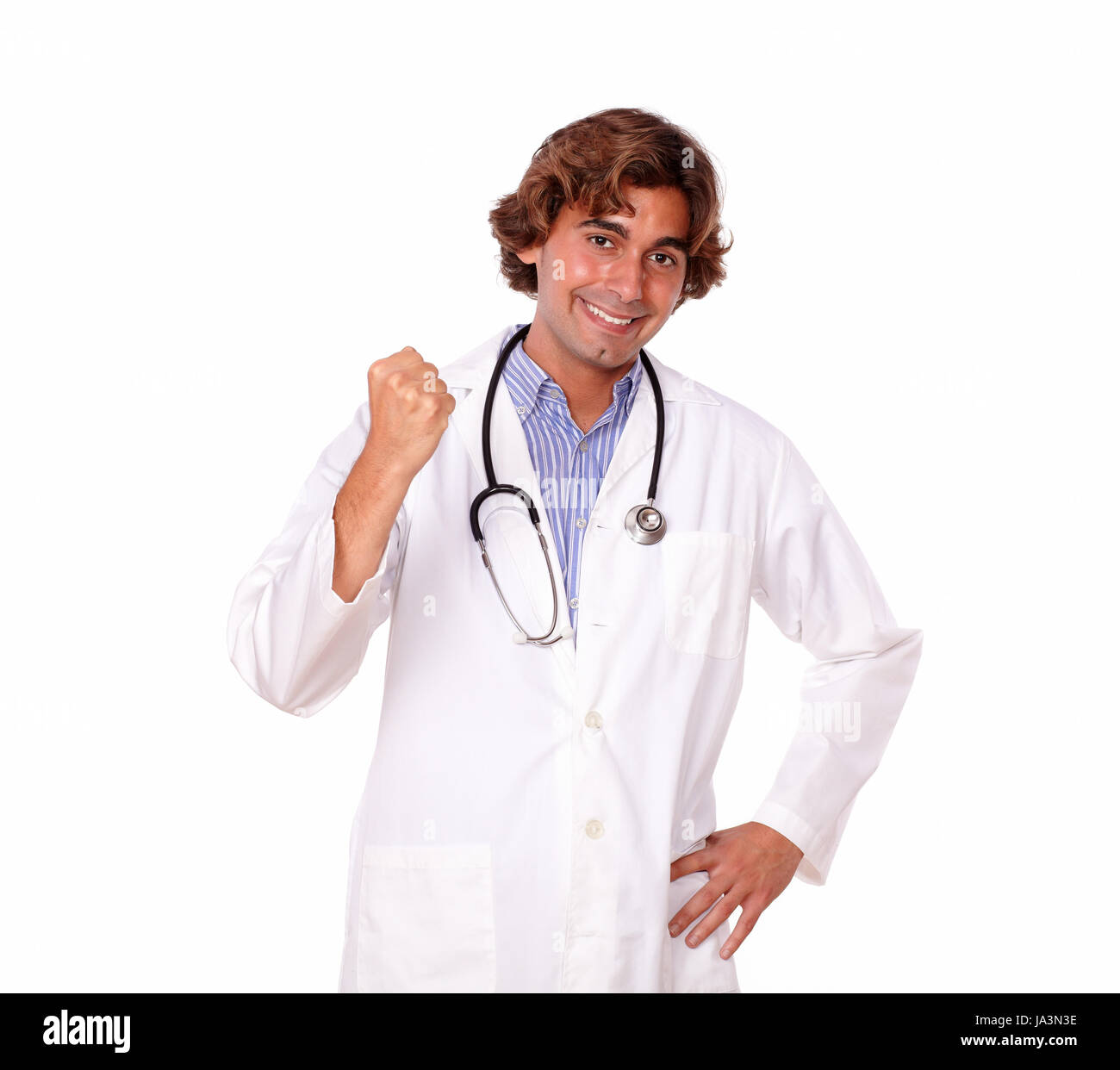 Portrait of a charming medical doctor celebrating a victory against ...