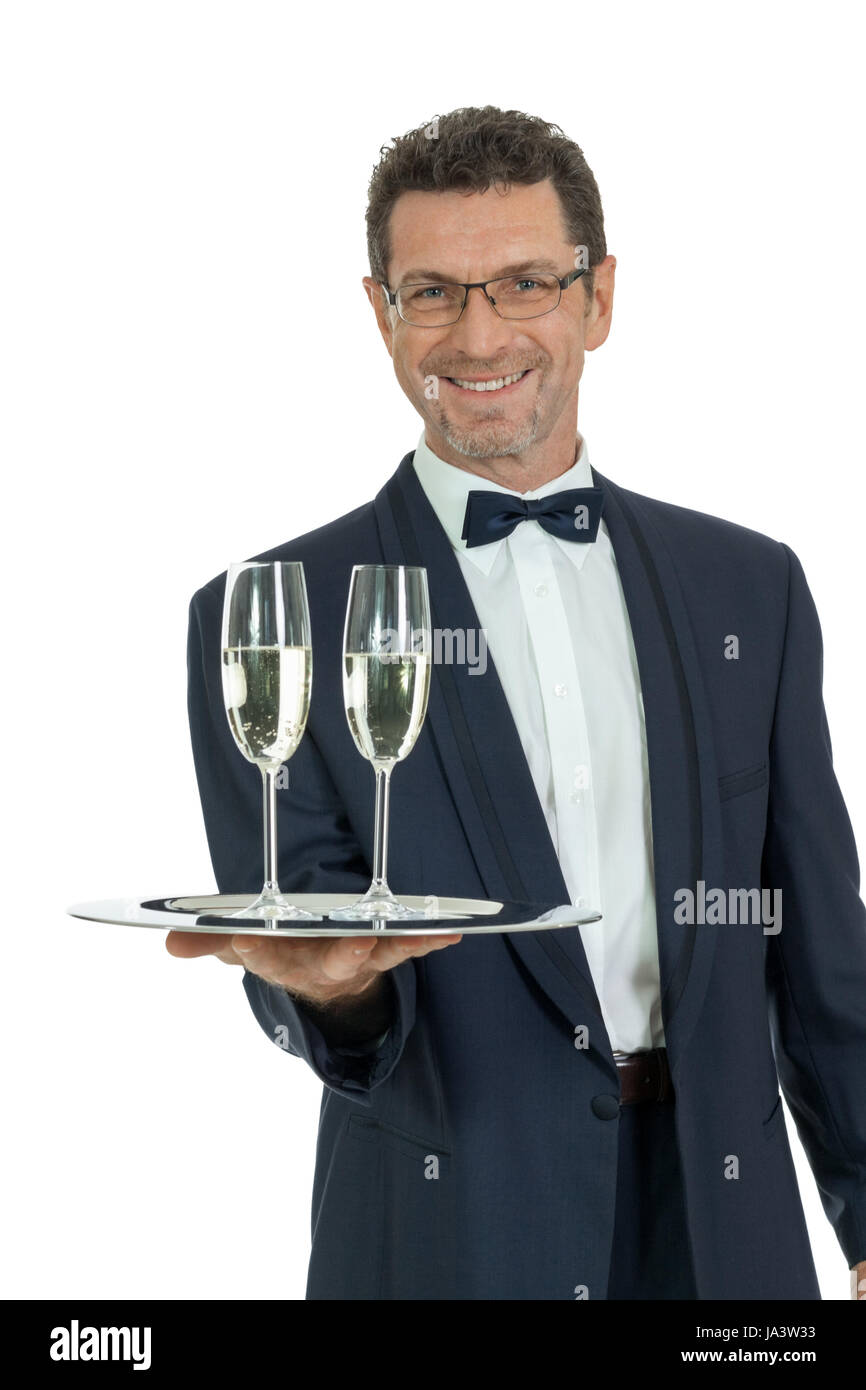 restaurant, service, champagne, waiter, tray, man, restaurant, humans ...