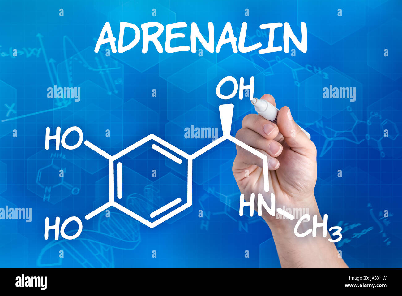 hand with pencil draws chemical structural formula of adrenaline Stock ...