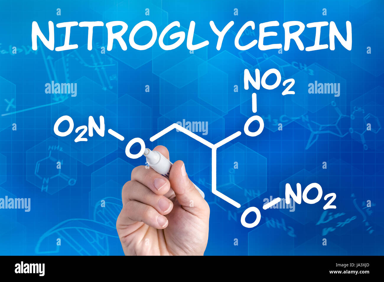 hand with pencil draws chemical structural formula of nitroglycerin ...