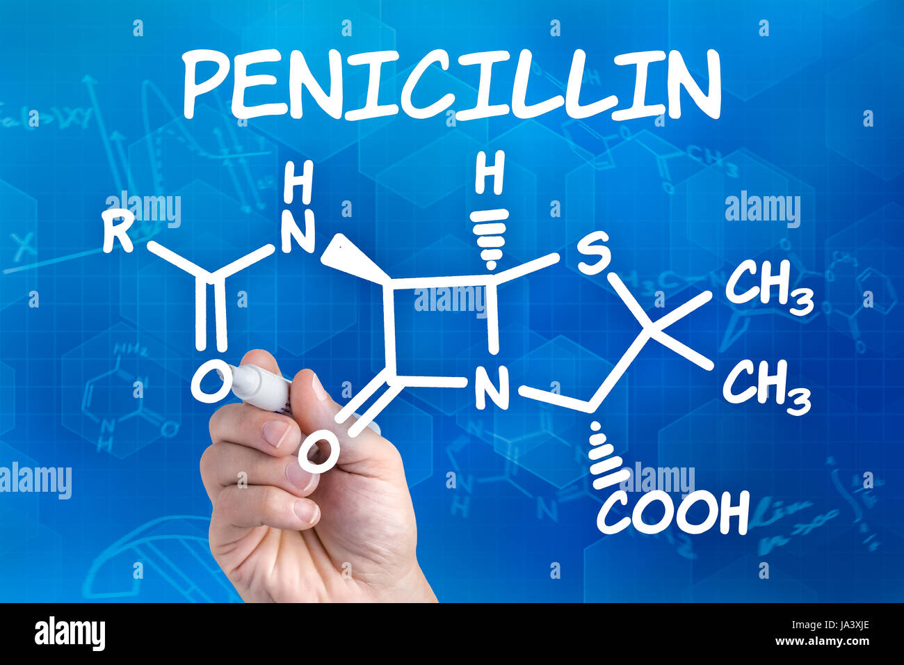 hand with pencil draws chemical structural formula of penicillin Stock ...