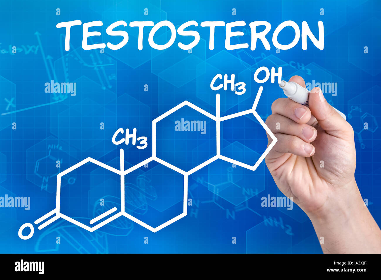 hand with pencil draws chemical structural formula of testosterone ...