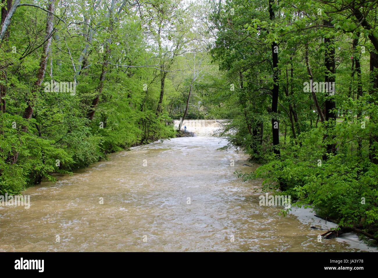 The parks creek and stream with high water with the waterfall and the ...