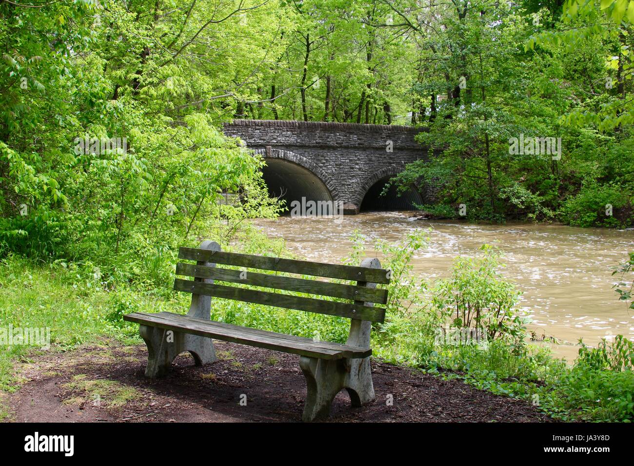 The parks creek and stream with high water with the waterfall and the ...