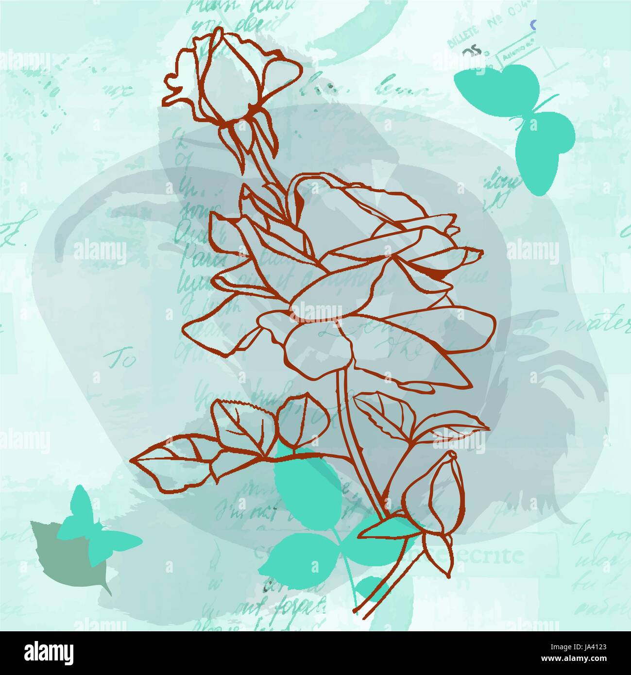 Vector rose with butterflies on faded old letters texture Stock Vector ...