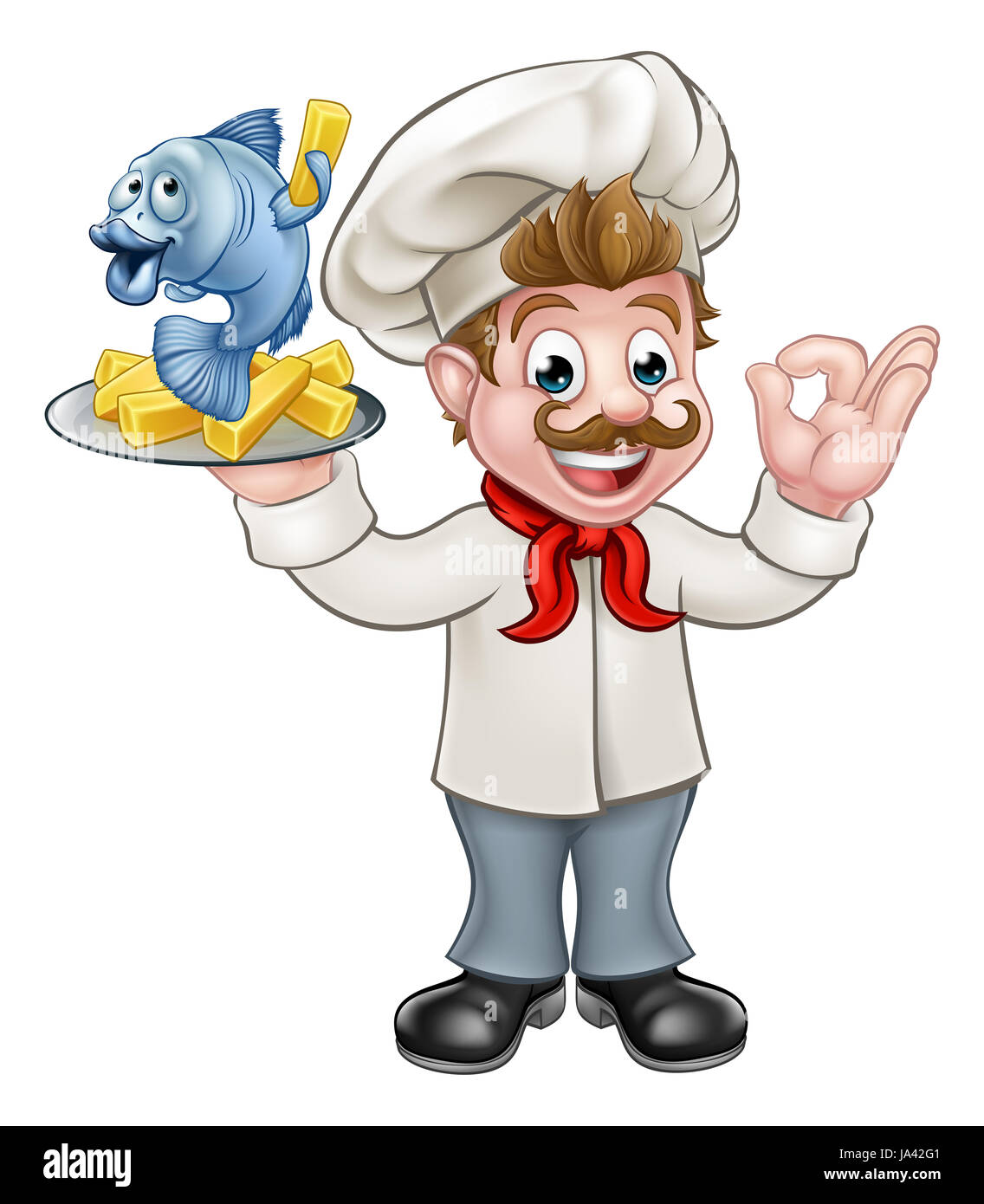 A cartoon chef character holding fish and chips meal and giving a ...