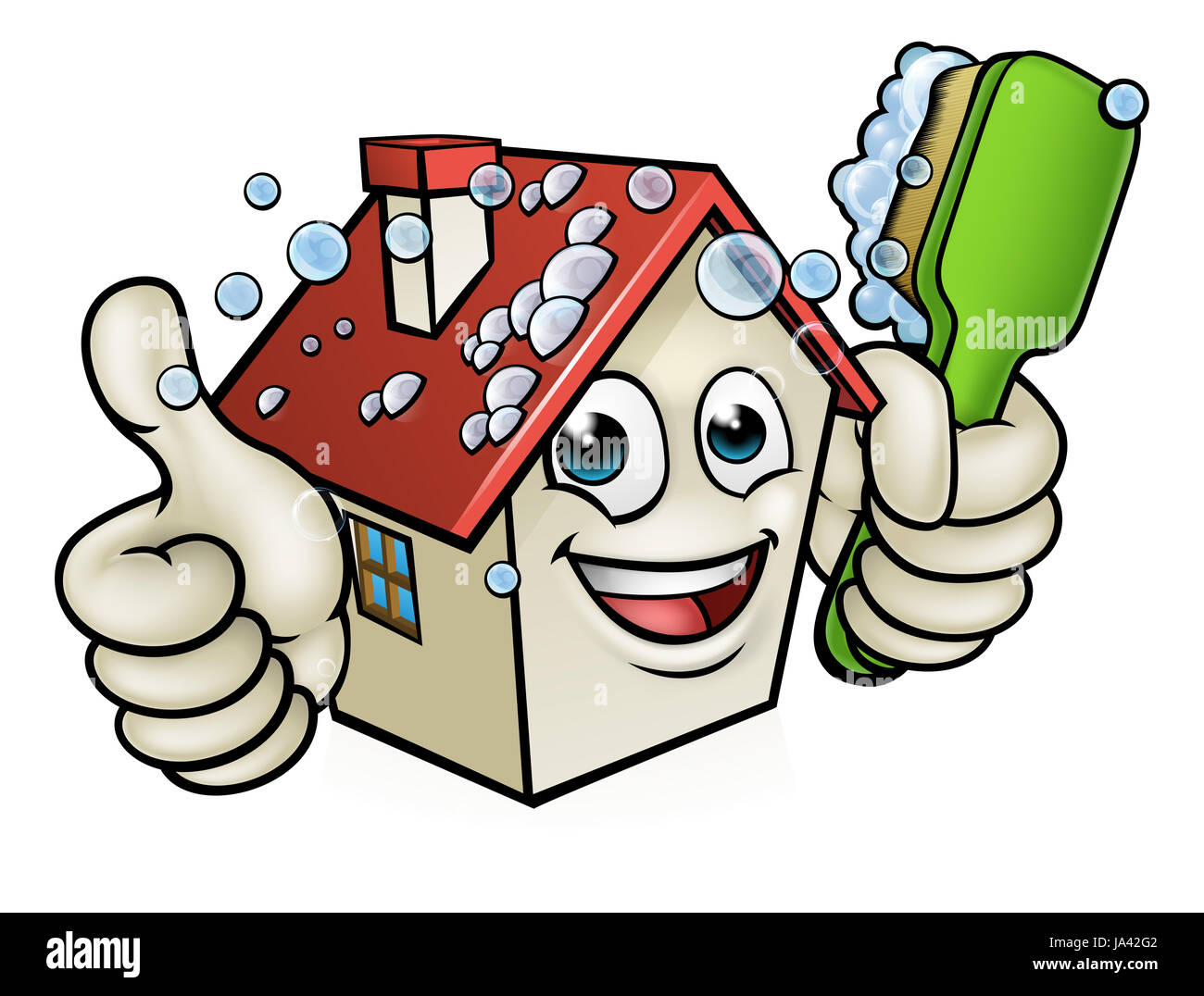 A happy cartoon house man mascot character holding scrubbing cleaning ...
