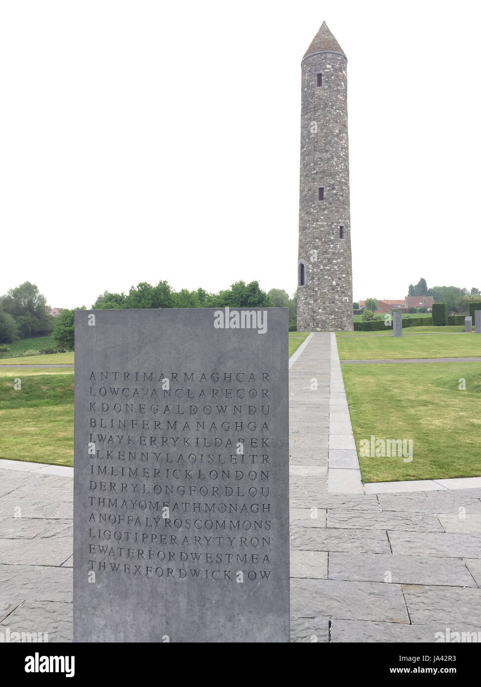 Round tower at Island of Ireland Peace Park at Messines in Belgium. New ...