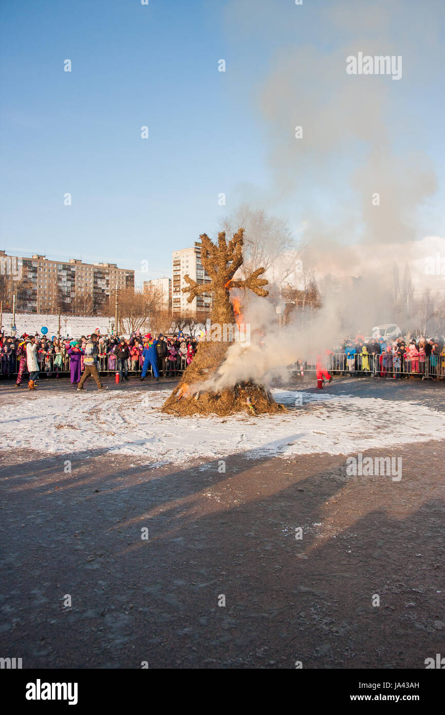 PERM, RUSSIA - March 13, 2016: Burning effigies of Carnival on the ...