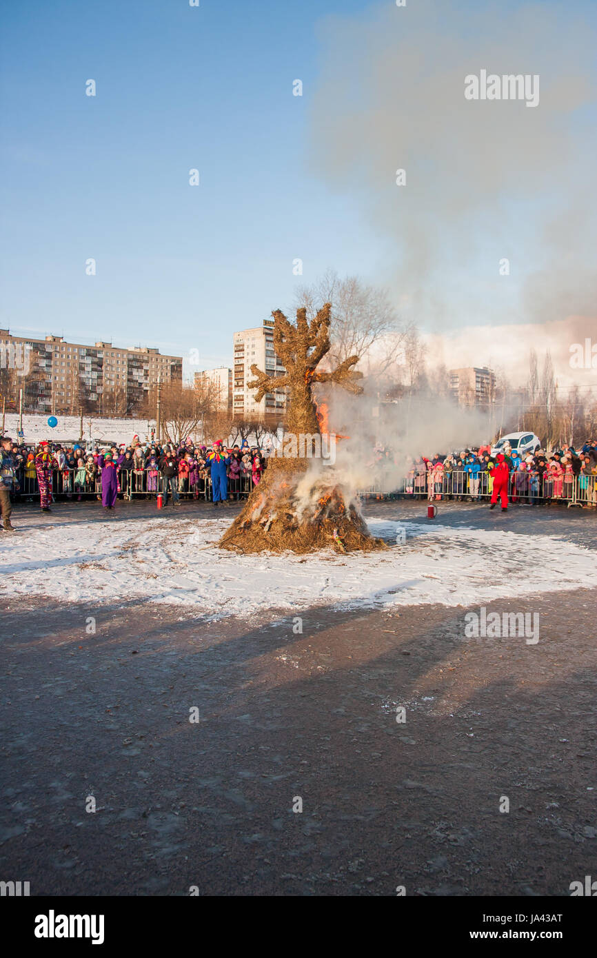 PERM, RUSSIA - March 13, 2016: Burning effigies of Carnival on the ...