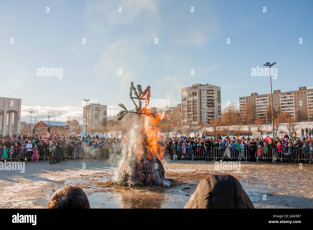 PERM, RUSSIA - March 13, 2016: Burning effigies of Carnival on the ...