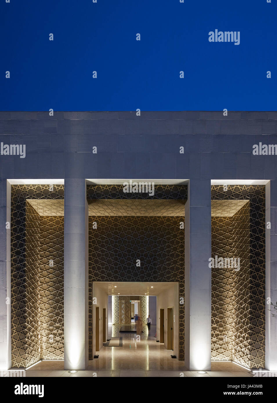 Mosque entrance at dusk. Jumaa Mosque, Doha, United Arab Emirates ...