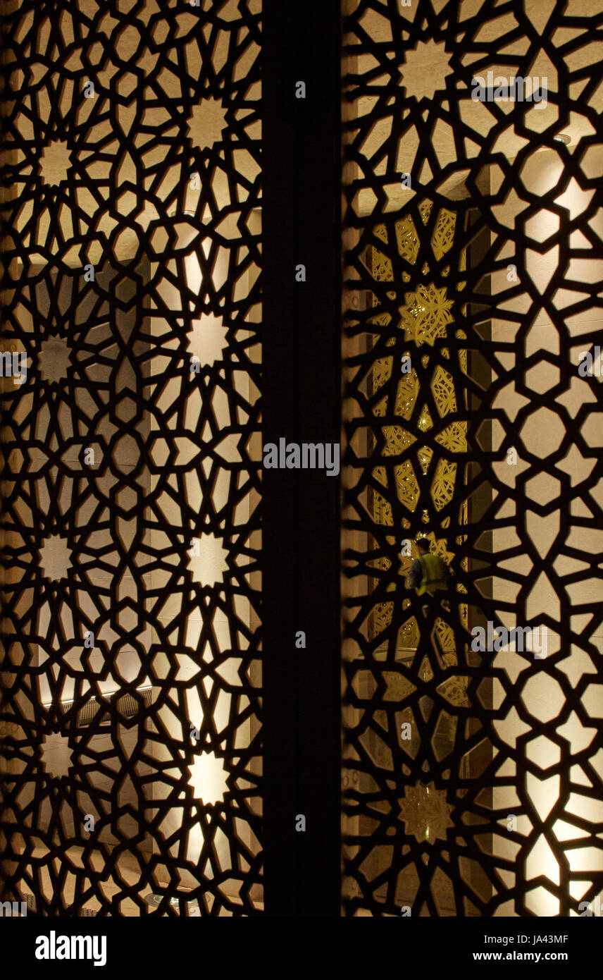 Abstract view through geometric islamic patterned screen. Jumaa Mosque ...