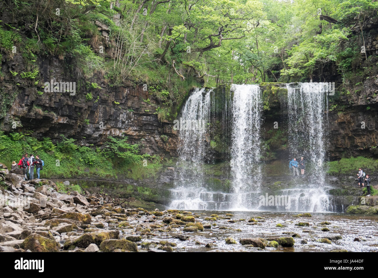 People,hiking,walk,behind,beneath,waterfall,Sgwd yr Eira,Waterfall of ...