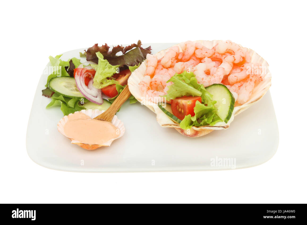Prawn salad,peeled prawns in a scallop shell with salad and seafood ...
