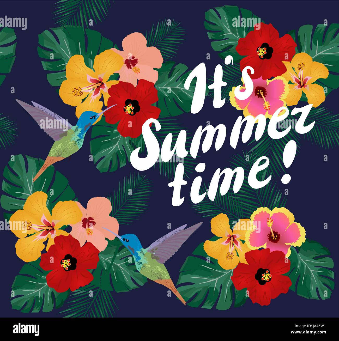 vector illustration of it is summer time with tropical flowers and ...