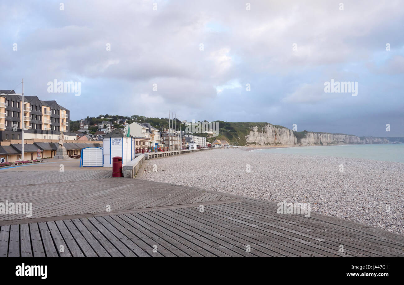 Fecamp town in Normandy, France. View of the central beach and sea ...