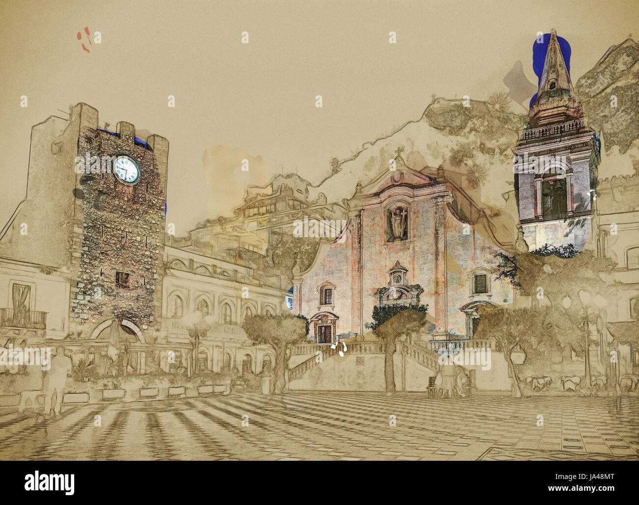 View over the main square in Taormina Stock Photo - Alamy