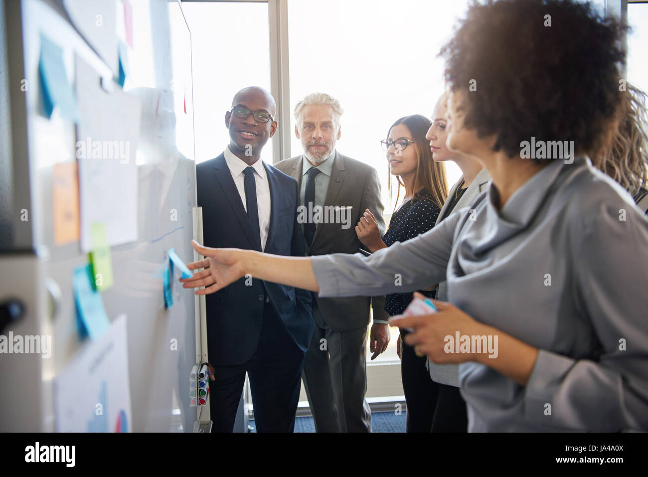 Group of mixed business people having a meeting using a white board in ...