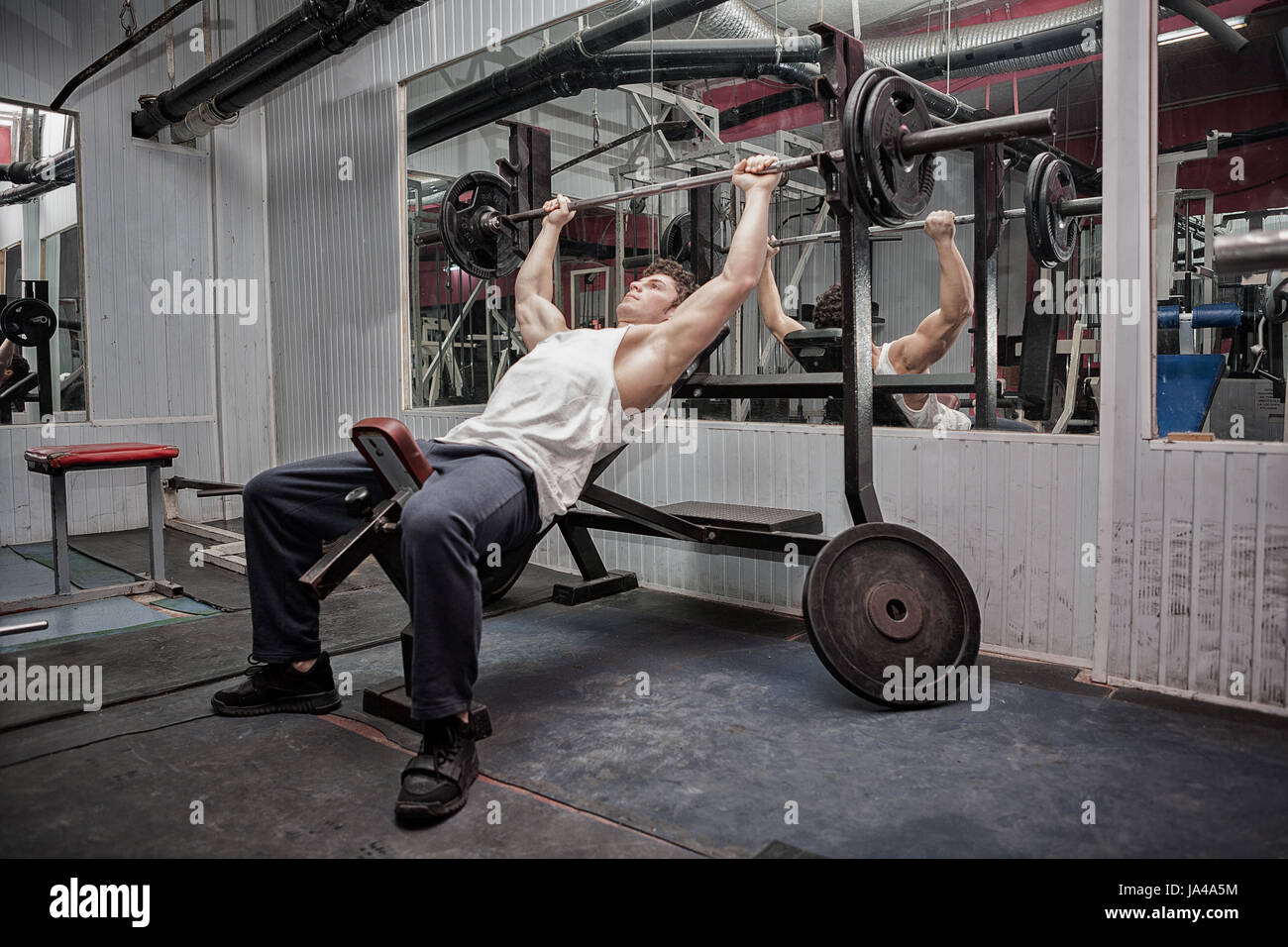 Muscular guy exercising in the gym. Lifting heavy weights in the gym ...