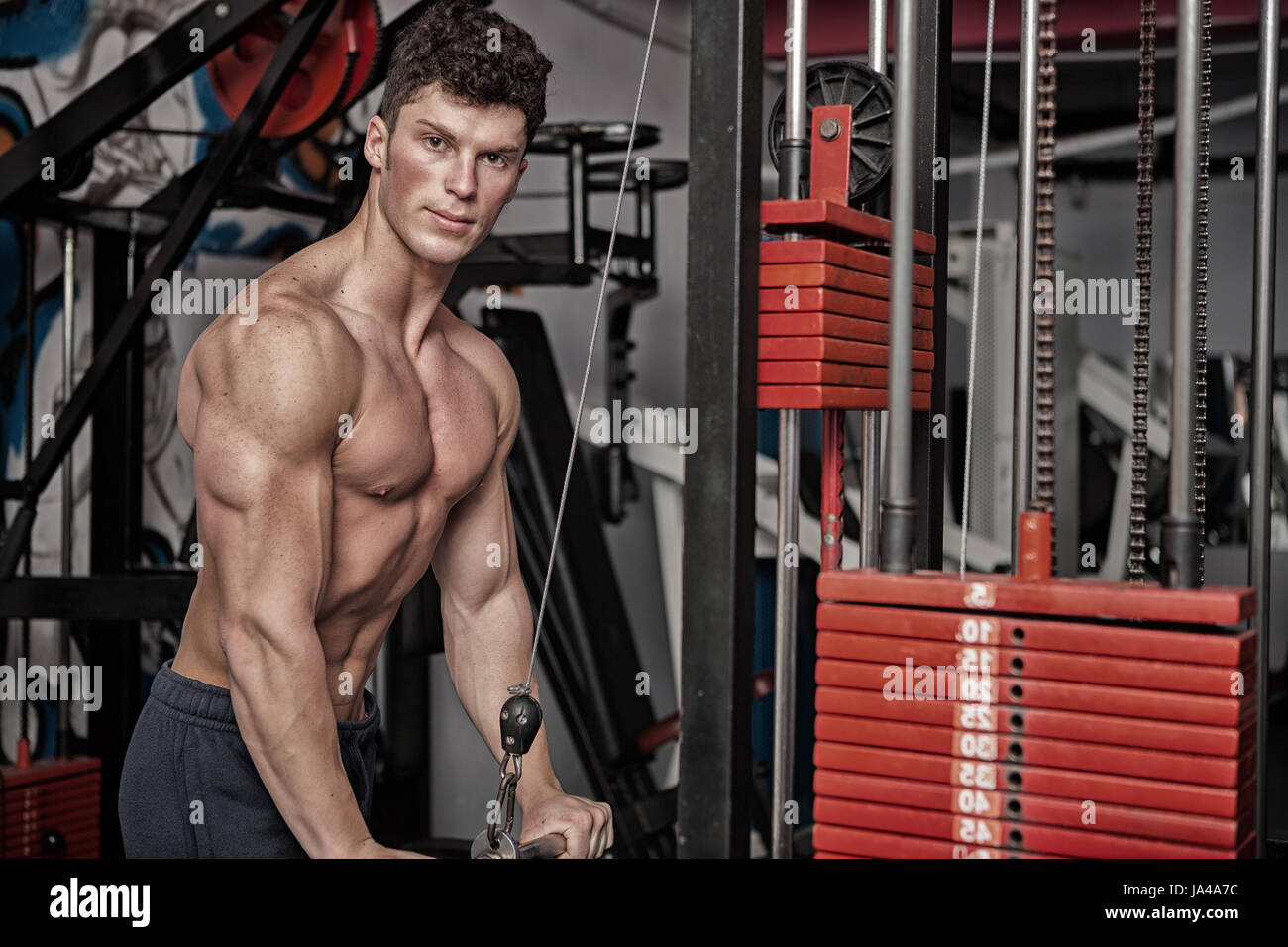 Strong man exercising in the gym. Lifting heavy weights. Bodybuilder ...