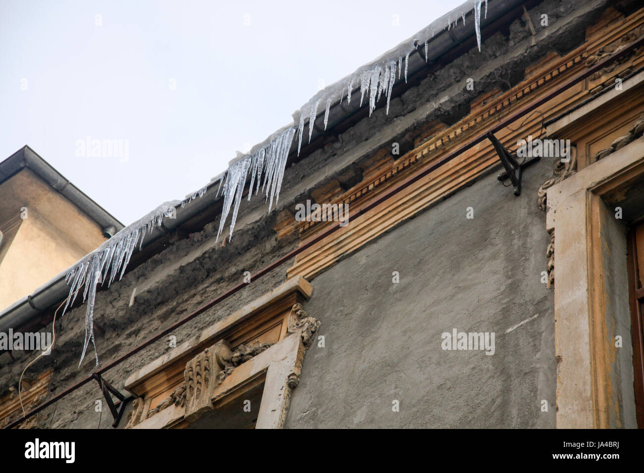 Ice crystals formed on a building in winter. Photographed in Bucharest ...