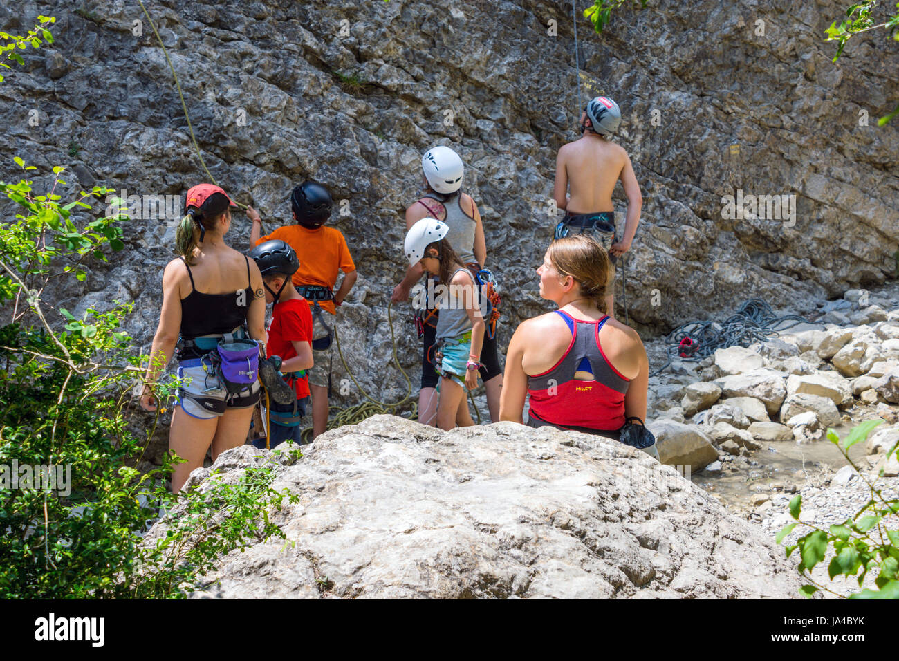 Rock climbers queueing to climb at Orpierre, France Stock Photo - Alamy