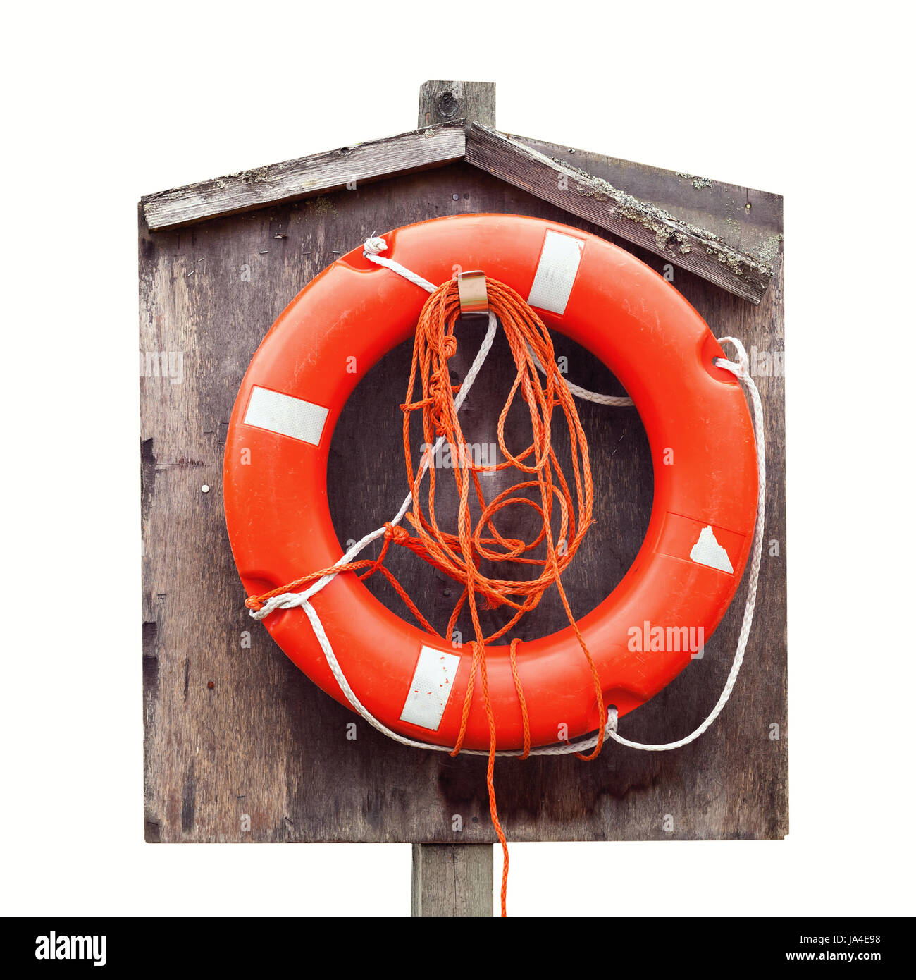 Bright red lifebuoy in wooden case isolated on white Stock Photo - Alamy