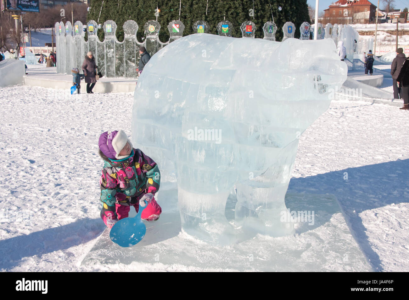 PERM, Russia, February, 06.2016: a beautiful ice sculpture of a bear on ...