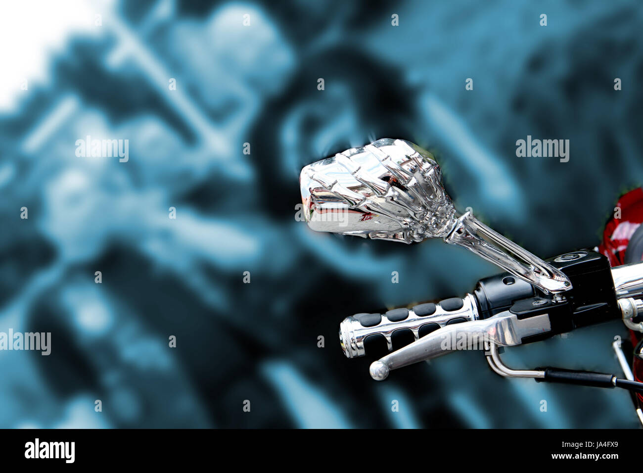 handle and mirror with hand-skeleton on motorcycle handlebars Stock ...