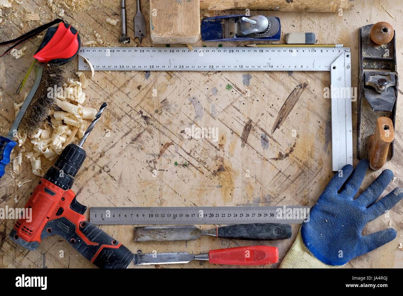 Back background for carpentry. Various tools for construction Stock ...