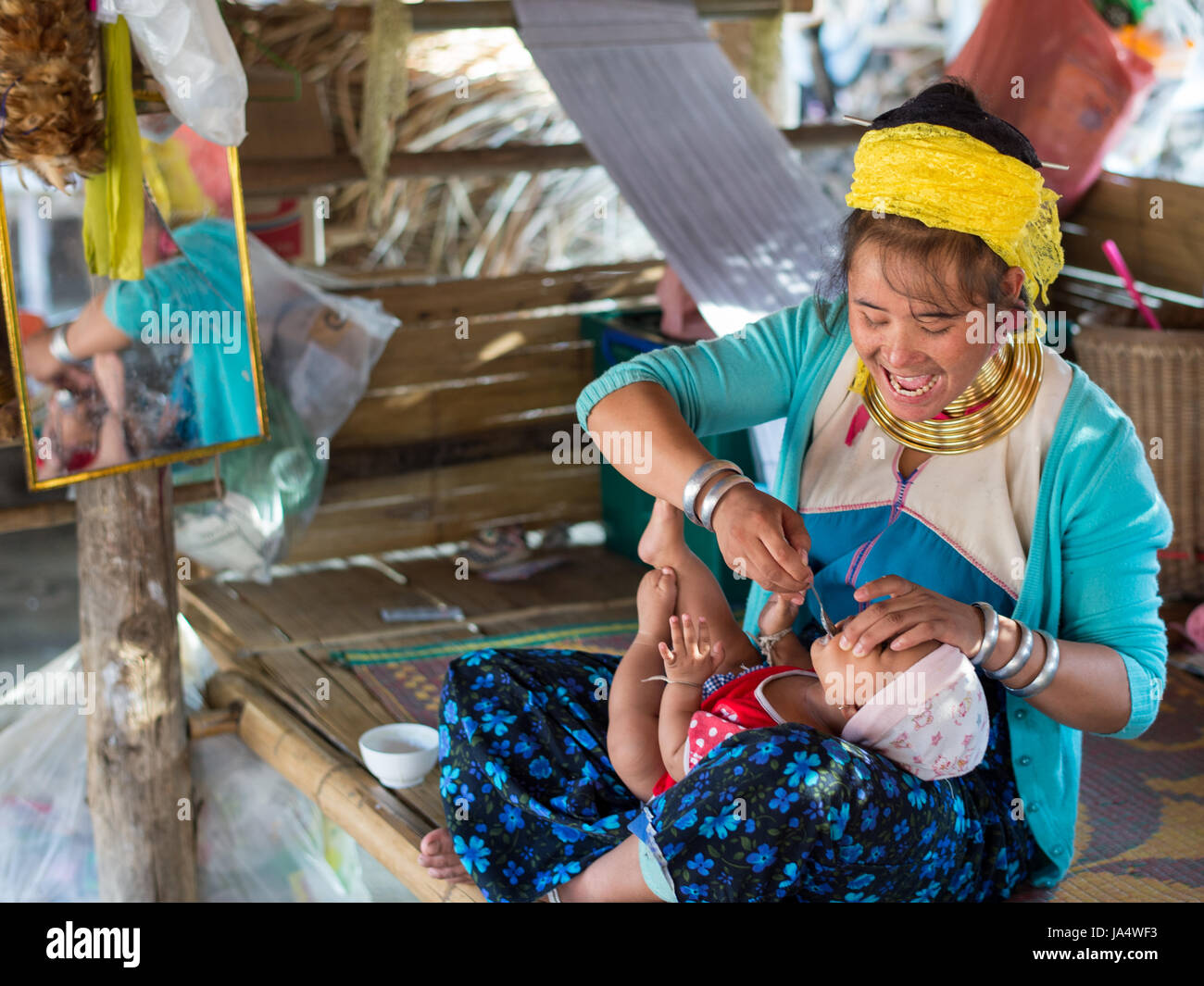 Karen long neck girl in a village between Chiang Rai and Chiang Mai ...